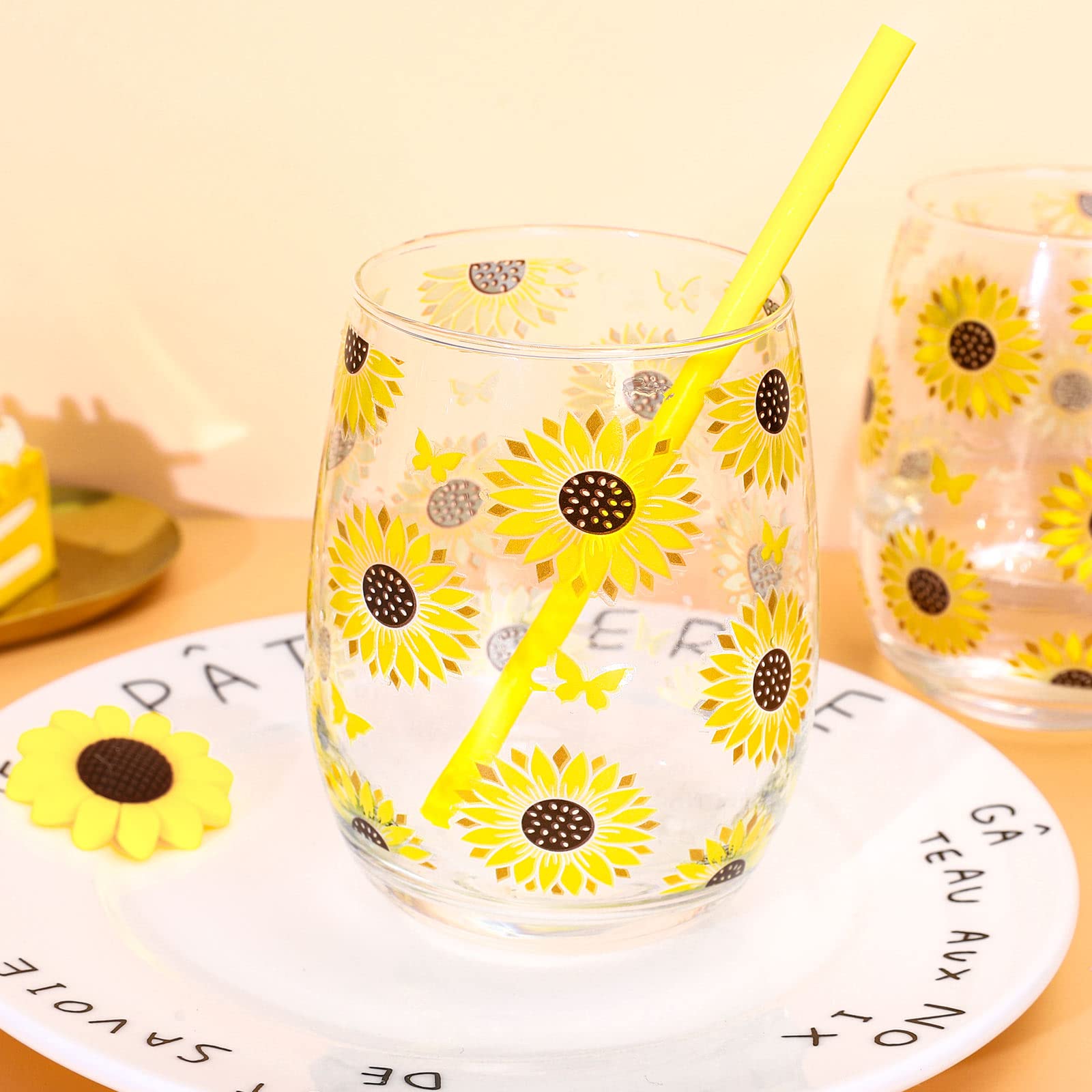 AnyDesign Sunflower Stemless Wine Glasses Summer Drinking Glasses Set of 2 Yellow Flower Butterfly Glasses for Bridal Party Wedding Whiskey Beer Farmhouse Kitchen Home Decor Father's Day