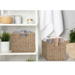 Seagrass Storage Baskets, 12X12X10in Cube Wicker Storage Basket for Shelves, Pantry Baskets Organization and Storage, Kitchen Storage Baskets, Bathroom Shelves Storage Basket, Basket Set of 3