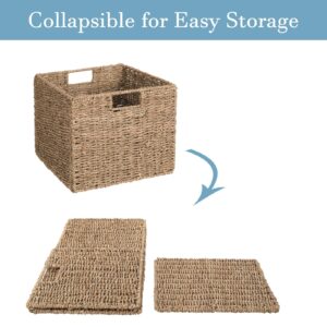 Seagrass Storage Baskets, 12X12X10in Cube Wicker Storage Basket for Shelves, Pantry Baskets Organization and Storage, Kitchen Storage Baskets, Bathroom Shelves Storage Basket, Basket Set of 3