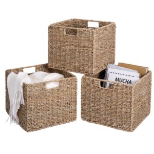 Seagrass Storage Baskets, 12X12X10in Cube Wicker Storage Basket for Shelves, Pantry Baskets Organization and Storage, Kitchen Storage Baskets, Bathroom Shelves Storage Basket, Basket Set of 3