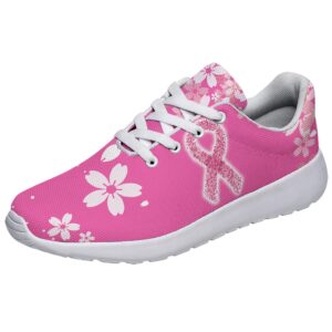 Breast Cancer Awareness Shoes Women Fashion Ultra Lightweight Running Sneakers Pink Ribbon Print Walking Tennis Shoes Gift for Her White Size 8