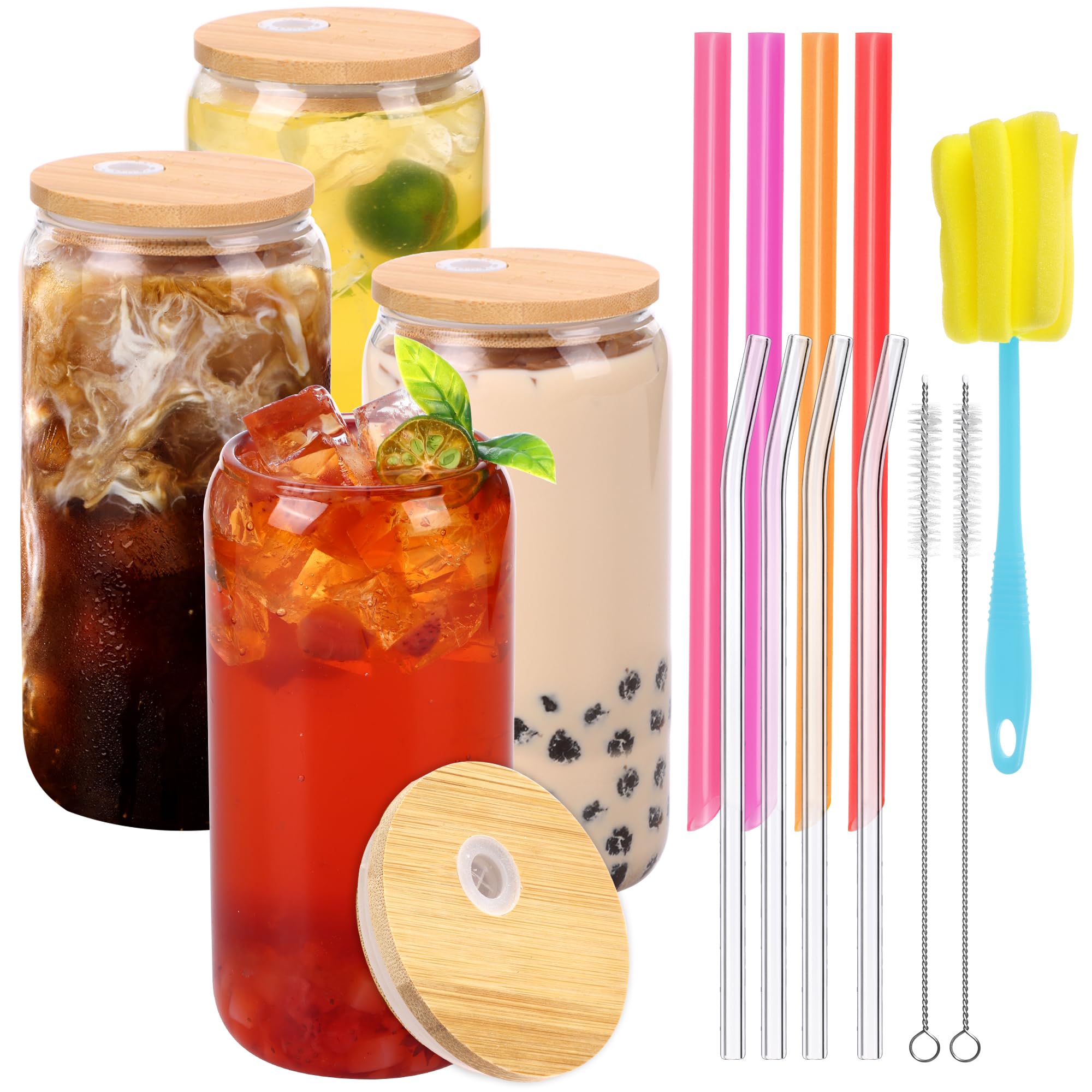 Moretoes 16oz 4pcs Glass Cups with Lids, Drinking Glasses Set with Bamboo Lids