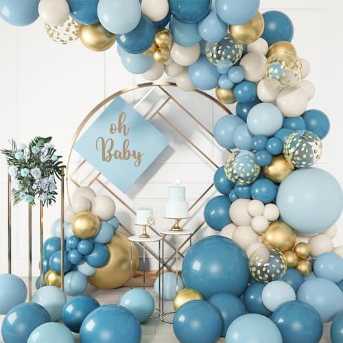 170Pcs Dusty Blue Balloons Arch Garland Kit, Baby Blue Gold White Ocean Macaron Blue Confetti Balloons for Birthday Bridal Baby Shower Boy Gender Reveal Wedding Engagement Bachelor Party Decorations