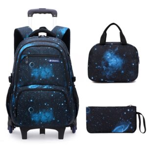 mildame galaxy print rolling backpack for school boys girls with lunch bag teens bookbag with wheels kids trolley bag set, six wheels