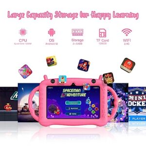 Semeakoko Kids Tablet 7in Android 12 Tablet for Kids Age 3-12,Quad Core 2+32GB Toddler Tablet with Shock-Proof Case,Parental Control, Pre-Installed Kids Educational APP,HD Screen,Dual Camera