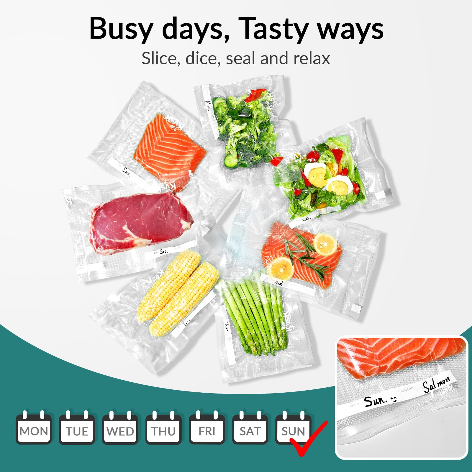 KVSK Vacuum Sealer Food Bags 8" x 20', 6 Rolls (Pack of 6) - Compatible with FoodSaver, Weston Machines | 3.6mil + 10mil Thickness | Prevent Freezer Burns, Tear-Resistant, Leak-Proof