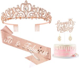 tobatoba 60th birthday decorations women, rose gold 60 & fabulous birthday sash, 60th birthday crown tiara, birthday candles and cake toppers, happy 60th birthday gifts for women birthday decor