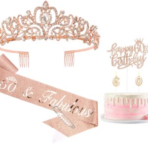 TOBATOBA 60th Birthday Decorations Women, Rose Gold 60 & Fabulous Birthday Sash, 60th Birthday Crown Tiara, Birthday Candles and Cake Toppers, Happy 60th Birthday Gifts for Women Birthday Decor