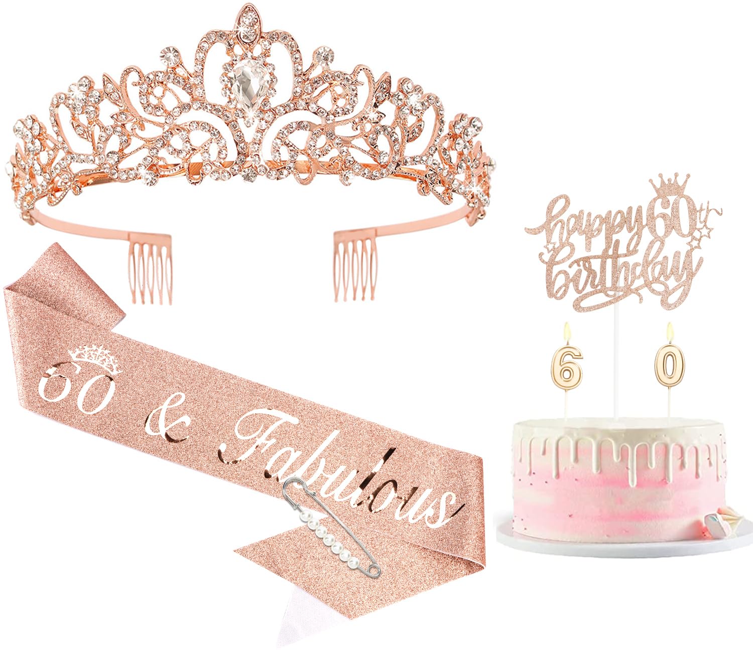 TOBATOBA 60th Birthday Decorations Women, Rose Gold 60 & Fabulous Birthday Sash, 60th Birthday Crown Tiara, Birthday Candles and Cake Toppers, Happy 60th Birthday Gifts for Women Birthday Decor