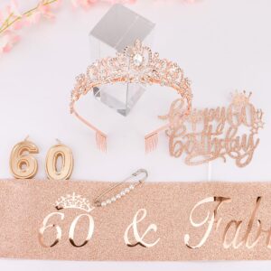 TOBATOBA 60th Birthday Decorations Women, Rose Gold 60 & Fabulous Birthday Sash, 60th Birthday Crown Tiara, Birthday Candles and Cake Toppers, Happy 60th Birthday Gifts for Women Birthday Decor