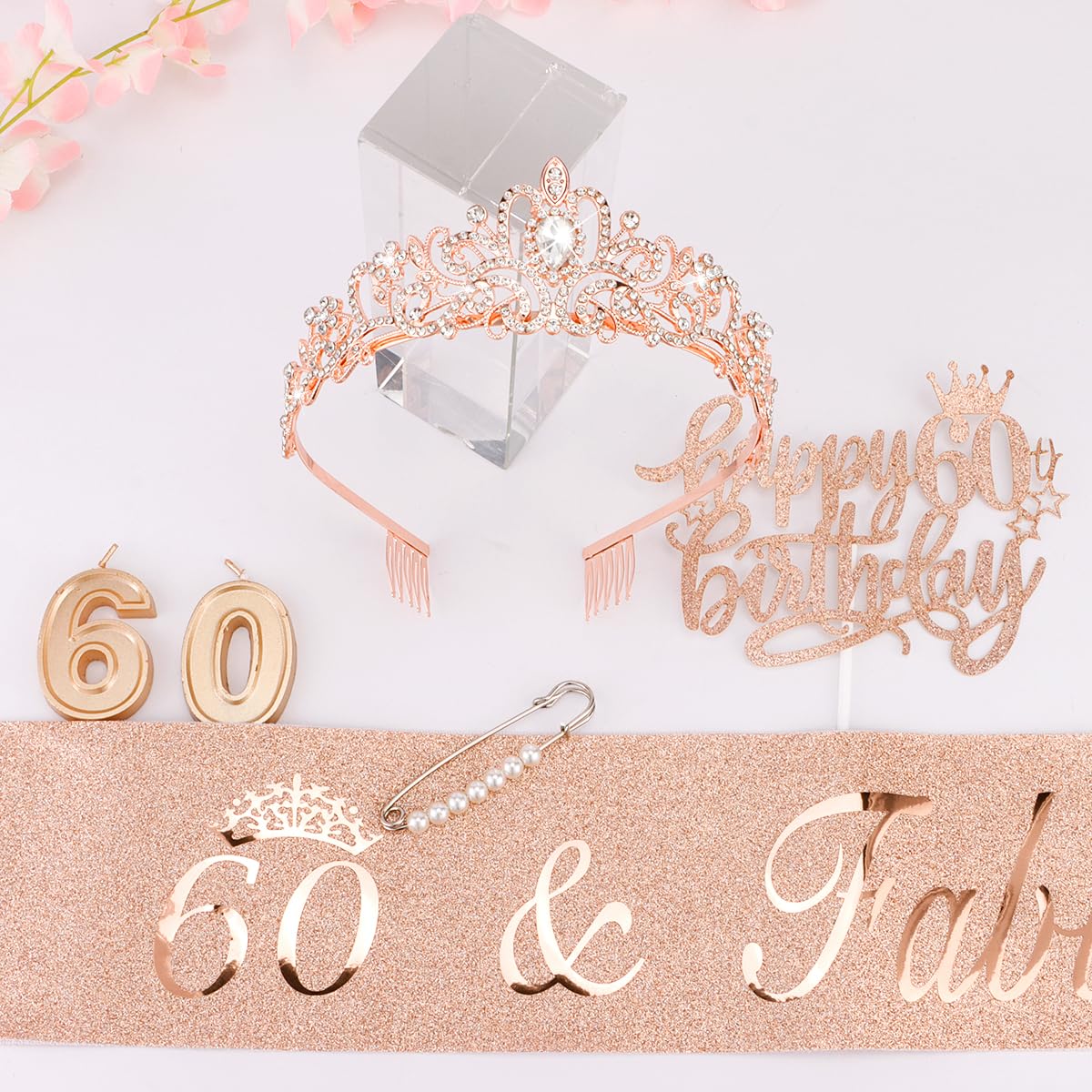 TOBATOBA 60th Birthday Decorations Women, Rose Gold 60 & Fabulous Birthday Sash, 60th Birthday Crown Tiara, Birthday Candles and Cake Toppers, Happy 60th Birthday Gifts for Women Birthday Decor