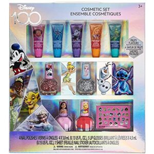 disney 100 sparkly cosmetic makeup set for girls with lip gloss nail polish nail stickers - 11 pcs|perfect for parties sleepovers makeovers| birthday gift for girls 3+