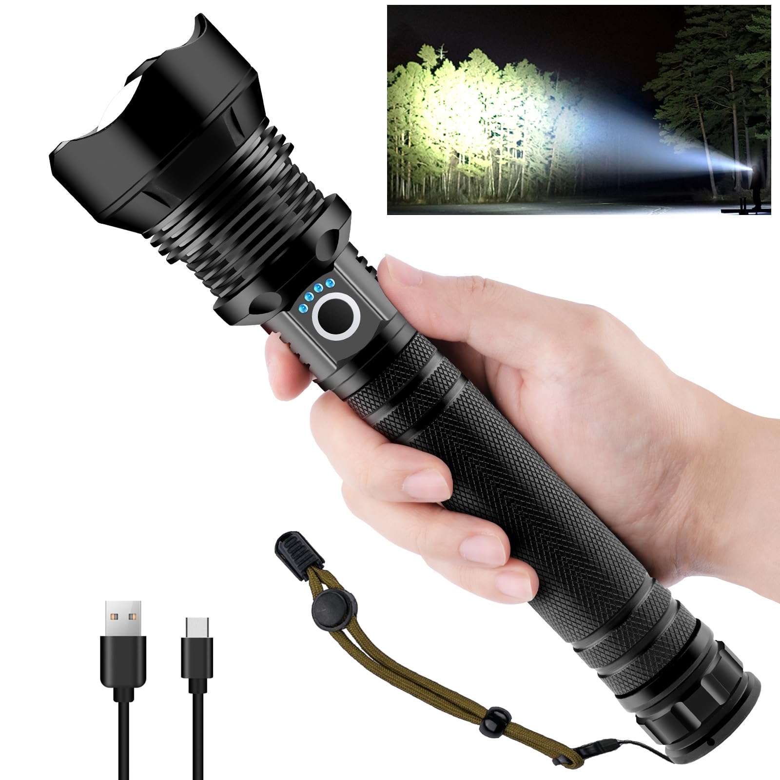 JOSHEN Rechargeable LED Flashlights 900000 High Lumens, Super Bright XHP90.2 Tactical Flashlight with Zoomable,5 Modes, Handheld Powerful Flashlights for Emergencies, Hiking, Camping