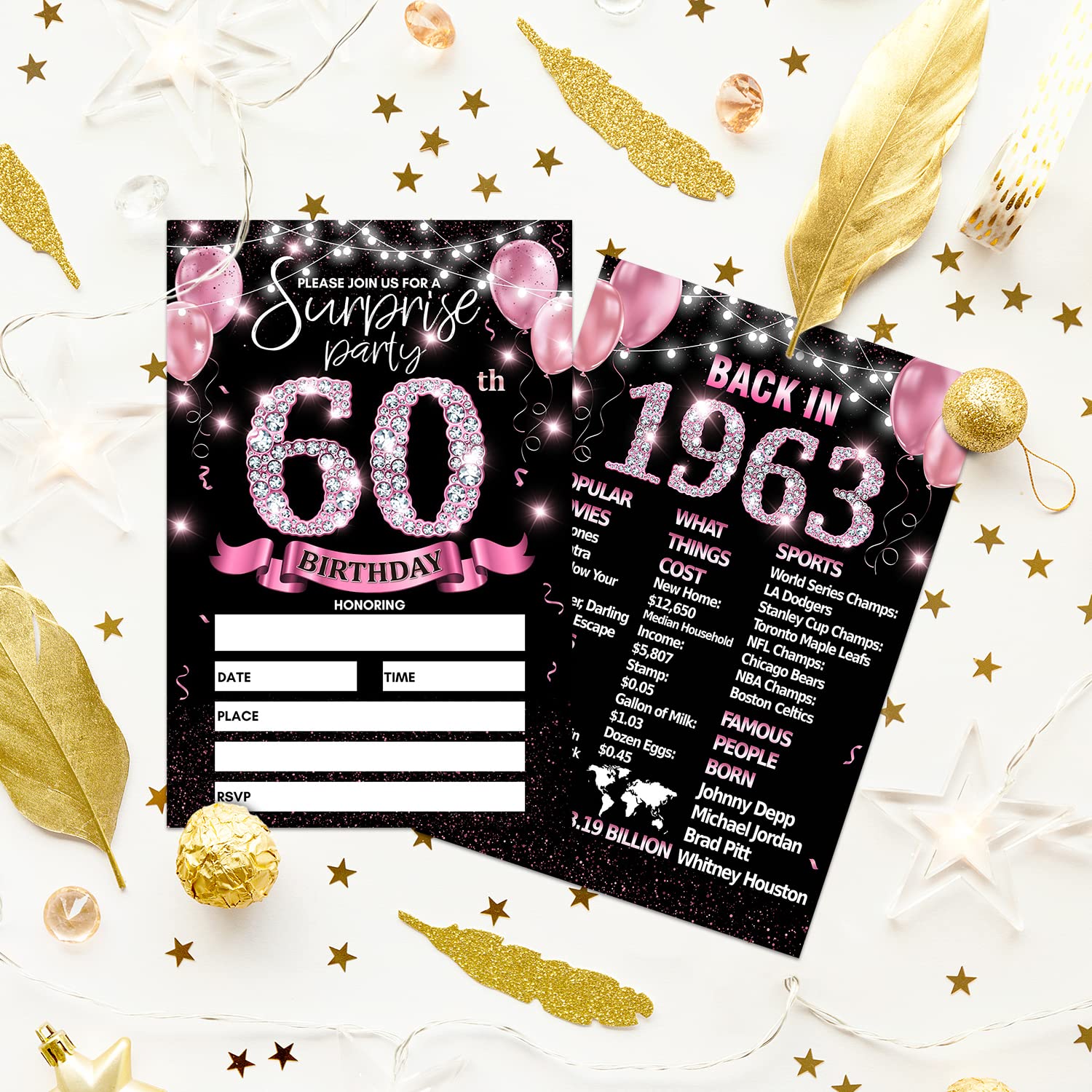 60th Birthday Party Invitation Card - Rose Gold Invites with Back In 1963 Poster Printing On The Back Double-Sided Fill-in Invites - 20 Cards with Envelopes for Party Favors - sr-06