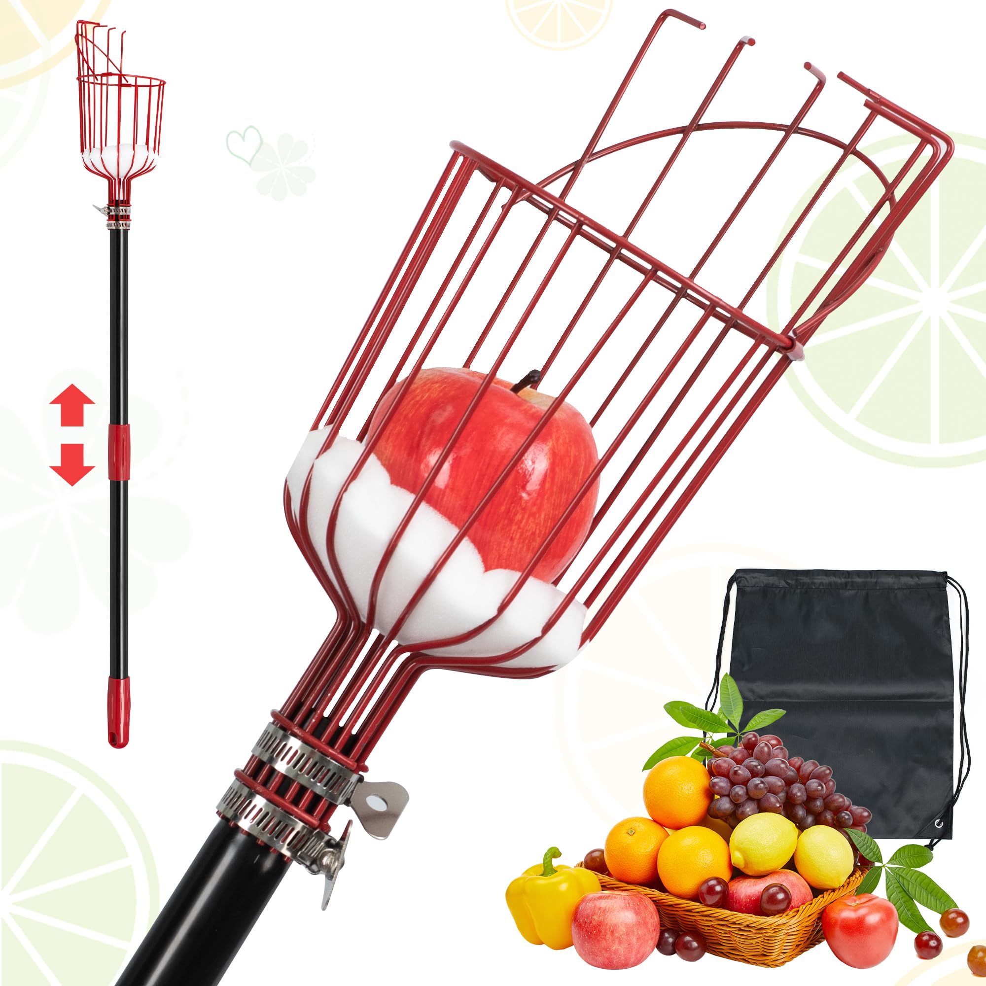 Fruit Picker Pole with Basket - Adjustable Fruits Picker Too for Mango Apple Avocado Orange Cherry Pear Picking, Lightweight Sturdy Fruits Catcher with Extra Carrying Bag