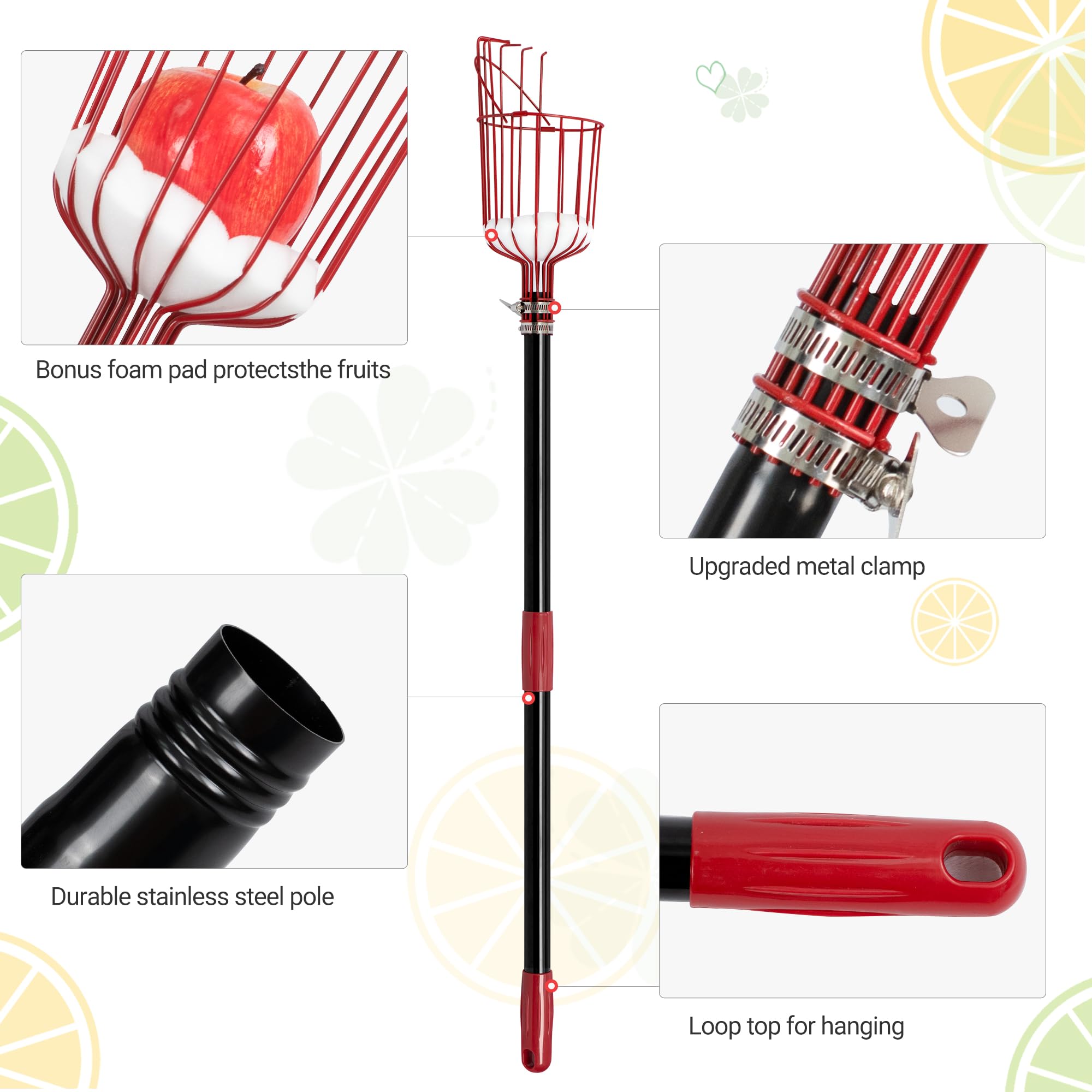 Fruit Picker Pole with Basket - Adjustable Fruits Picker Too for Mango Apple Avocado Orange Cherry Pear Picking, Lightweight Sturdy Fruits Catcher with Extra Carrying Bag