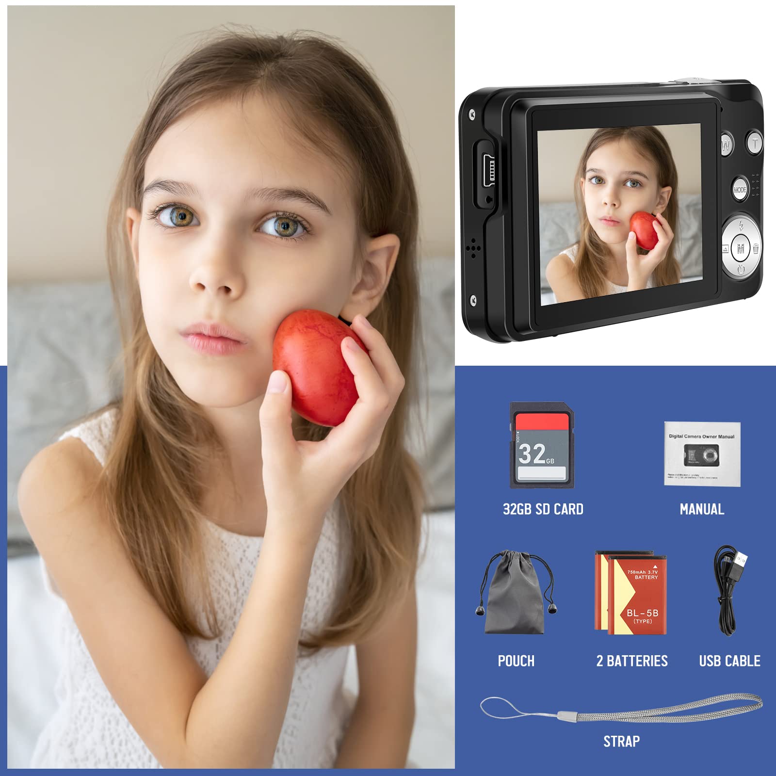 Digital Camera for Kids, 2.7K Digital Camera for Teens, Boys and Girls, 16X Digital Zoom Camera with 32GB SD Card and 2 Batteries (Blue)