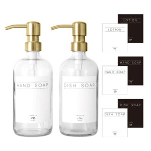 janxin glass soap dispenser 2 pack,dish soap dispenser for kitchen sink with pump,modern bathroom soap dispenser with waterproof labels for hand soap, dish soap, lotion (clear bottles+gold pumps)