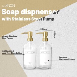 Janxin Glass Soap Dispenser 2 Pack,Dish Soap Dispenser for Kitchen Sink with Pump,Modern Bathroom Soap Dispenser with Waterproof Labels for Hand Soap, Dish Soap, Lotion (Clear Bottles+Gold Pumps)