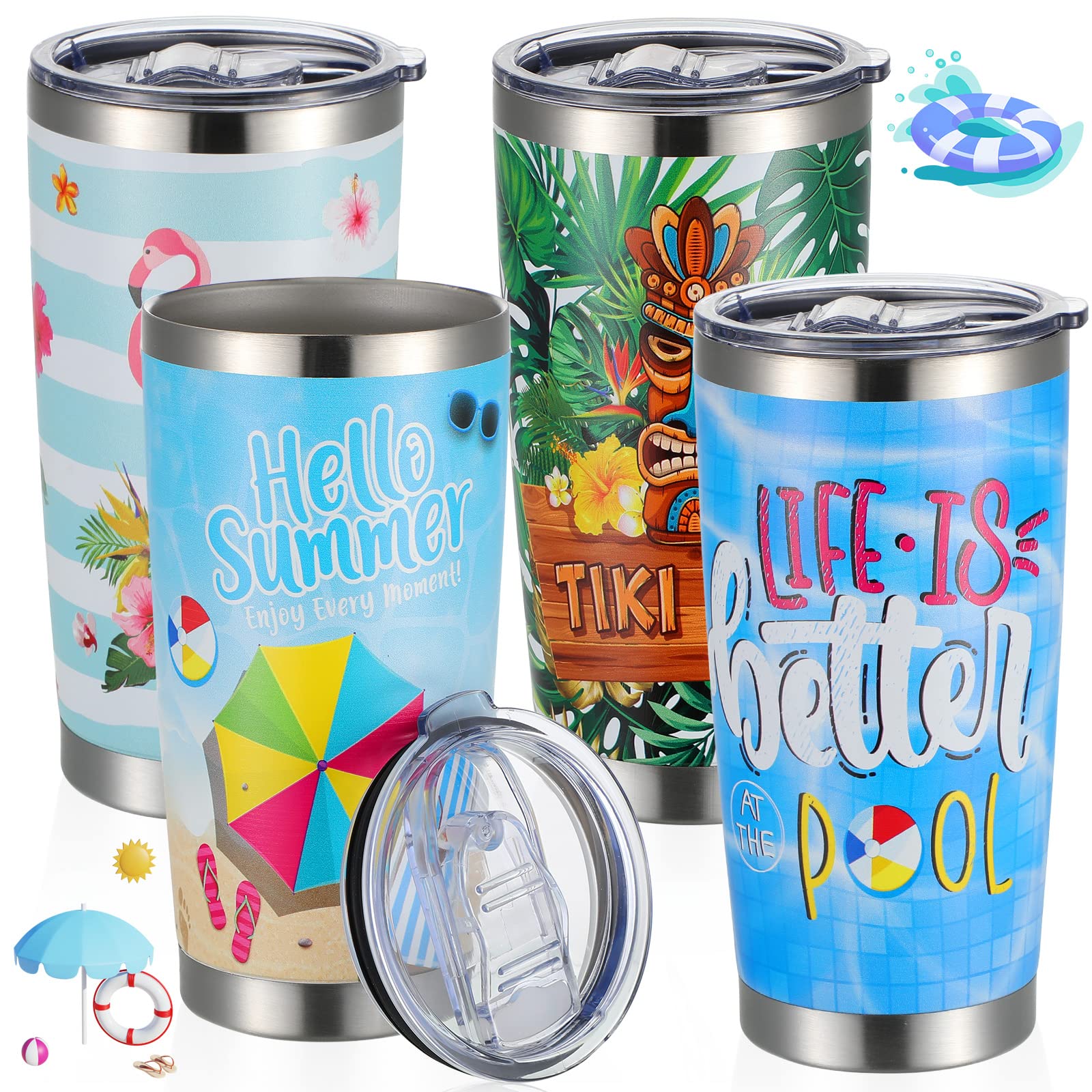 4 Pieces Summer Hawaii Beach Tumbler Cups 20oz Insulated Stainless Steel Travel Mug Tumblers with Lid Tropical Flamingo Vacuum Wine Cup Vacation Gifts Sea Beach Pool Party