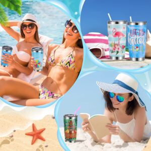 4 Pieces Summer Hawaii Beach Tumbler Cups 20oz Insulated Stainless Steel Travel Mug Tumblers with Lid Tropical Flamingo Vacuum Wine Cup Vacation Gifts Sea Beach Pool Party