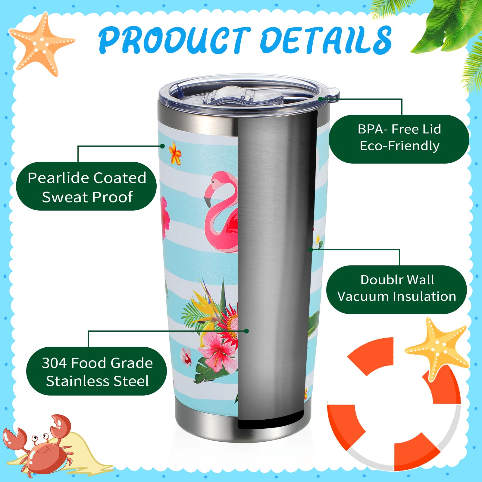 4 Pieces Summer Hawaii Beach Tumbler Cups 20oz Insulated Stainless Steel Travel Mug Tumblers with Lid Tropical Flamingo Vacuum Wine Cup Vacation Gifts Sea Beach Pool Party