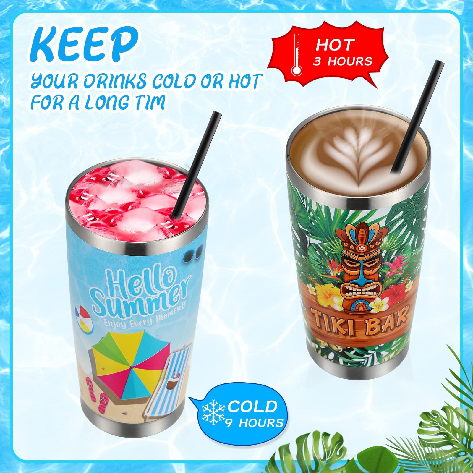 4 Pieces Summer Hawaii Beach Tumbler Cups 20oz Insulated Stainless Steel Travel Mug Tumblers with Lid Tropical Flamingo Vacuum Wine Cup Vacation Gifts Sea Beach Pool Party