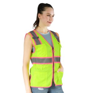 Hi Vis Safety Vest for Women, Working Drawstring waist Construction Vest with Pockets and Zipper, Womens Safety Vest, ANSI Type R Class2, Yellow Pink Strips, M