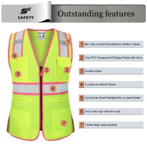 Hi Vis Safety Vest for Women, Working Drawstring waist Construction Vest with Pockets and Zipper, Womens Safety Vest, ANSI Type R Class2, Yellow Pink Strips, M