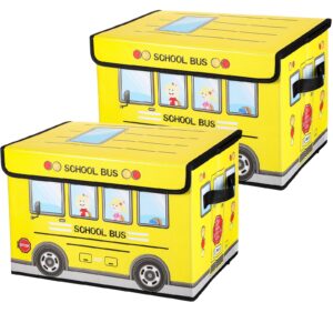 sweetude 2 pcs school bus treasure box for classroom, foldable chest storage box toy box chest with lid treasure storage organizer bin for kids teachers toy prizes awards for students (yellow)