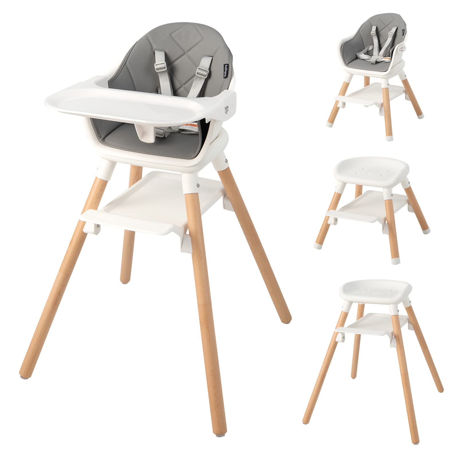 BABY JOY Baby High Chair, 6 in 1 Convertible Wooden High Chair for Babies & Toddlers with Adjustable Legs, Double Removable Tray, Safety Harness & Waterproof PU Cushion (White)