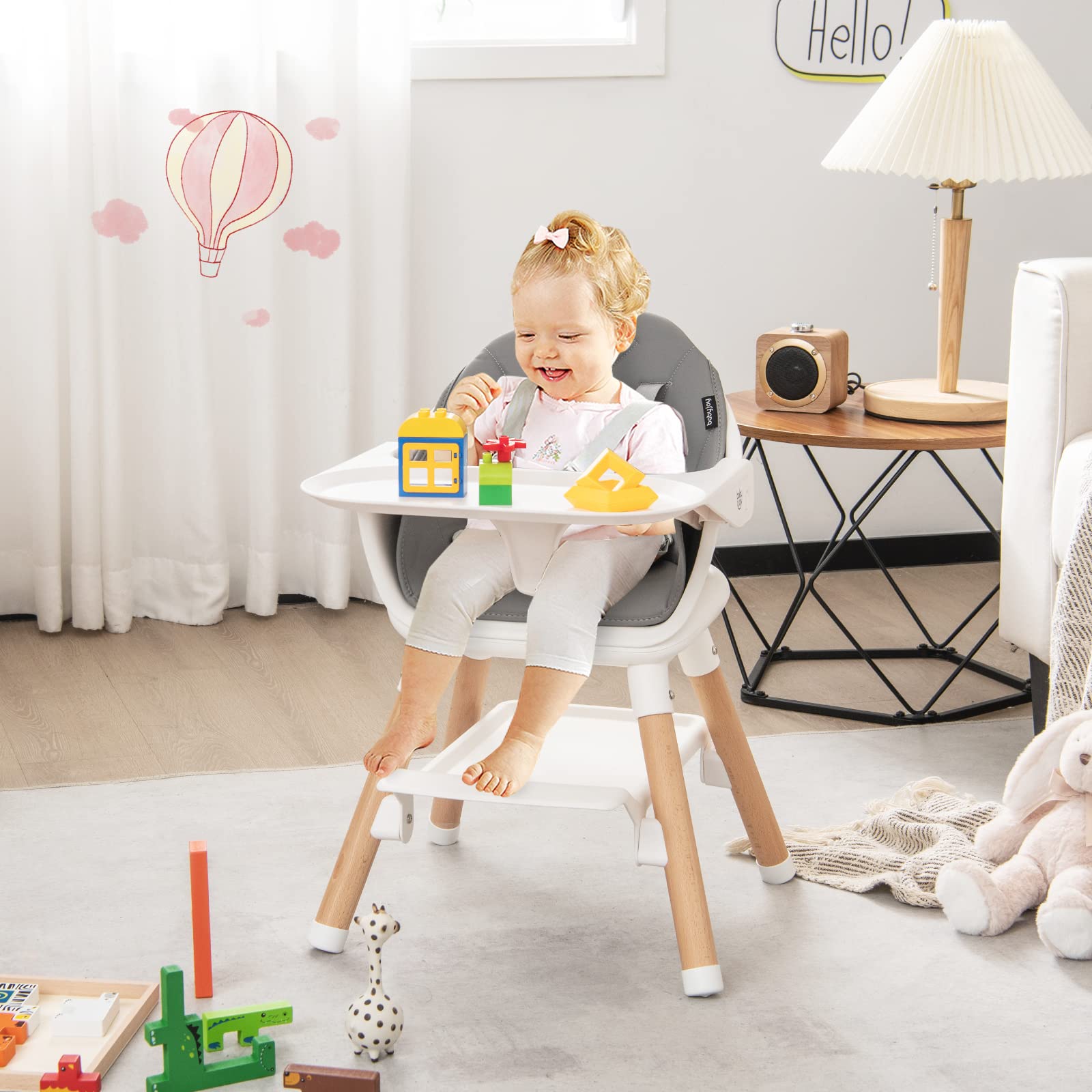 BABY JOY Baby High Chair, 6 in 1 Convertible Wooden High Chair for Babies & Toddlers with Adjustable Legs, Double Removable Tray, Safety Harness & Waterproof PU Cushion (White)