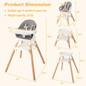 BABY JOY Baby High Chair, 6 in 1 Convertible Wooden High Chair for Babies & Toddlers with Adjustable Legs, Double Removable Tray, Safety Harness & Waterproof PU Cushion (White)