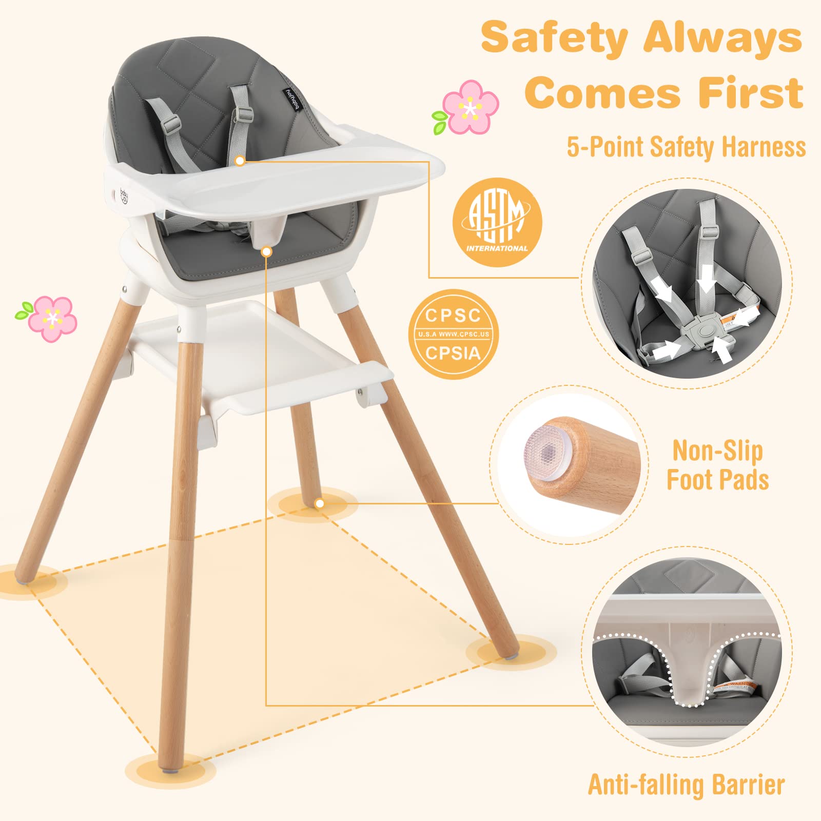 BABY JOY Baby High Chair, 6 in 1 Convertible Wooden High Chair for Babies & Toddlers with Adjustable Legs, Double Removable Tray, Safety Harness & Waterproof PU Cushion (White)