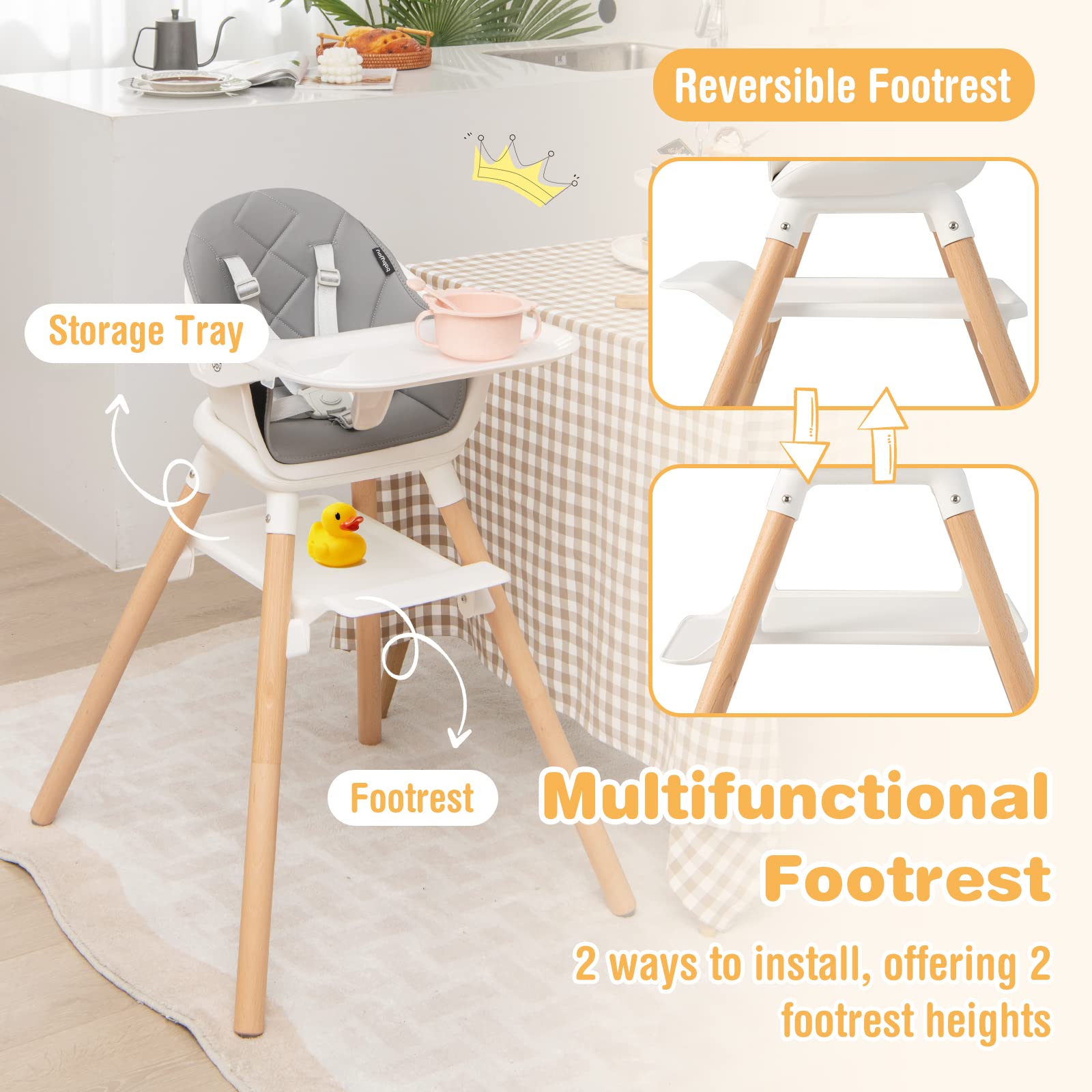 BABY JOY Baby High Chair, 6 in 1 Convertible Wooden High Chair for Babies & Toddlers with Adjustable Legs, Double Removable Tray, Safety Harness & Waterproof PU Cushion (White)