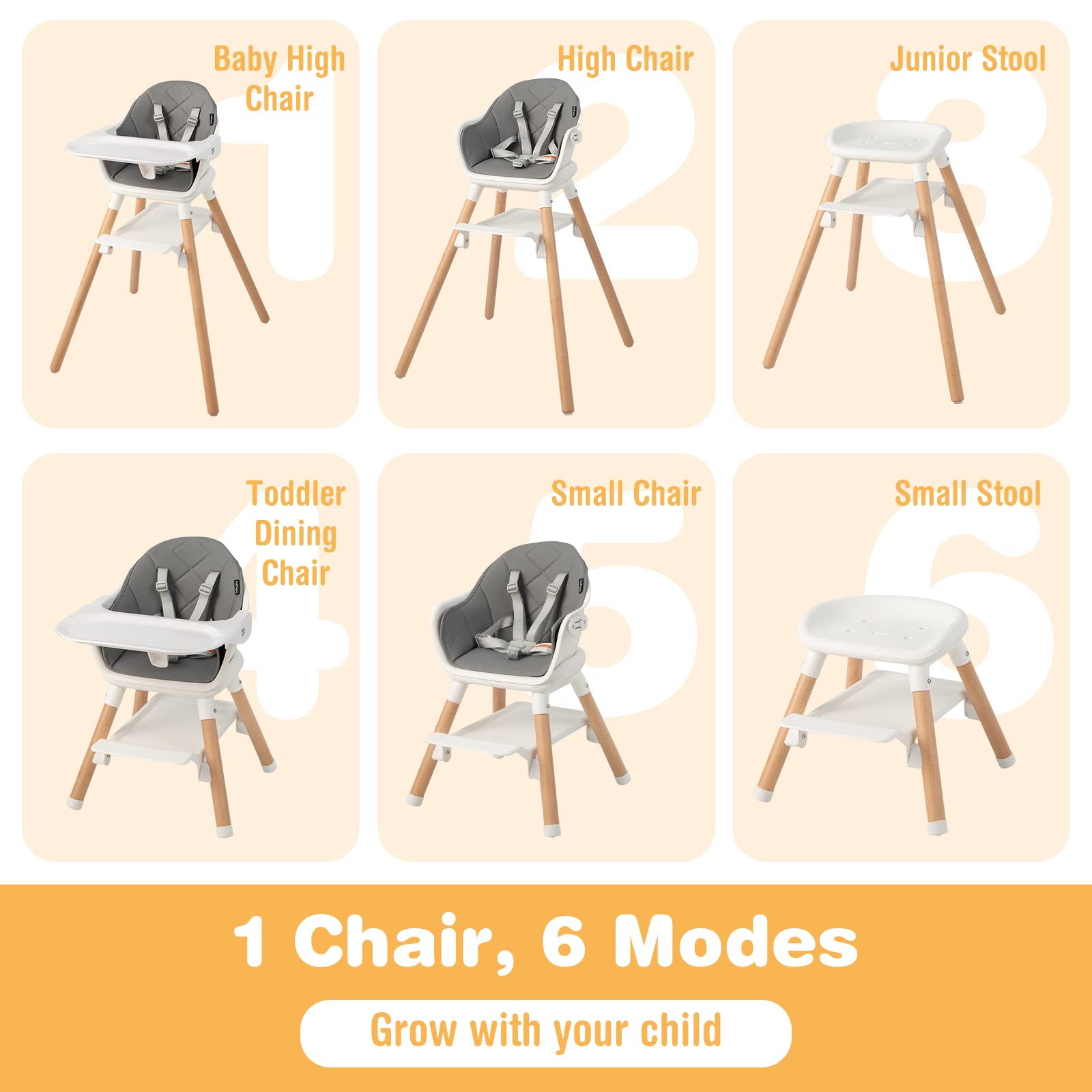 BABY JOY Baby High Chair, 6 in 1 Convertible Wooden High Chair for Babies & Toddlers with Adjustable Legs, Double Removable Tray, Safety Harness & Waterproof PU Cushion (White)