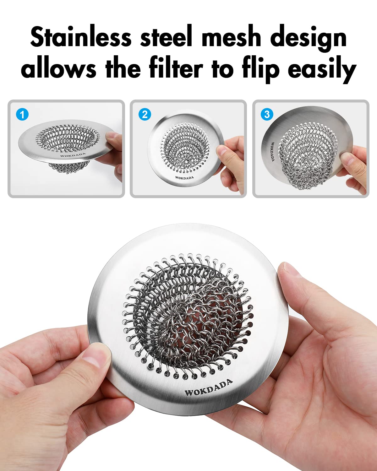 Sink Drain Strainer, Reversible Mesh Sink Strainer with 304 Stainless Steel, Wokdada Revolutionary Anti-Rust Kitchen Sink Strainer Food Catcher for Garbage Disposal Without Clogging