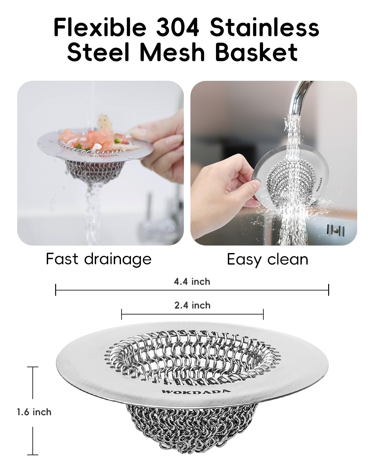 Sink Drain Strainer, Reversible Mesh Sink Strainer with 304 Stainless Steel, Wokdada Revolutionary Anti-Rust Kitchen Sink Strainer Food Catcher for Garbage Disposal Without Clogging