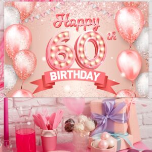 Happy 60th Birthday Rose Gold Banner Cheers to 60 Years Old Backdrop Confetti Balloons Theme Decor Decorations for Women 60 Years Old Pink Birthday Party Supplies Bday Background Favors Gift Glitter