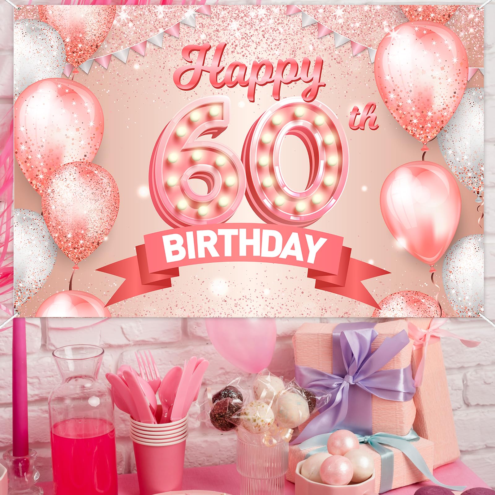 Happy 60th Birthday Rose Gold Banner Cheers to 60 Years Old Backdrop Confetti Balloons Theme Decor Decorations for Women 60 Years Old Pink Birthday Party Supplies Bday Background Favors Gift Glitter