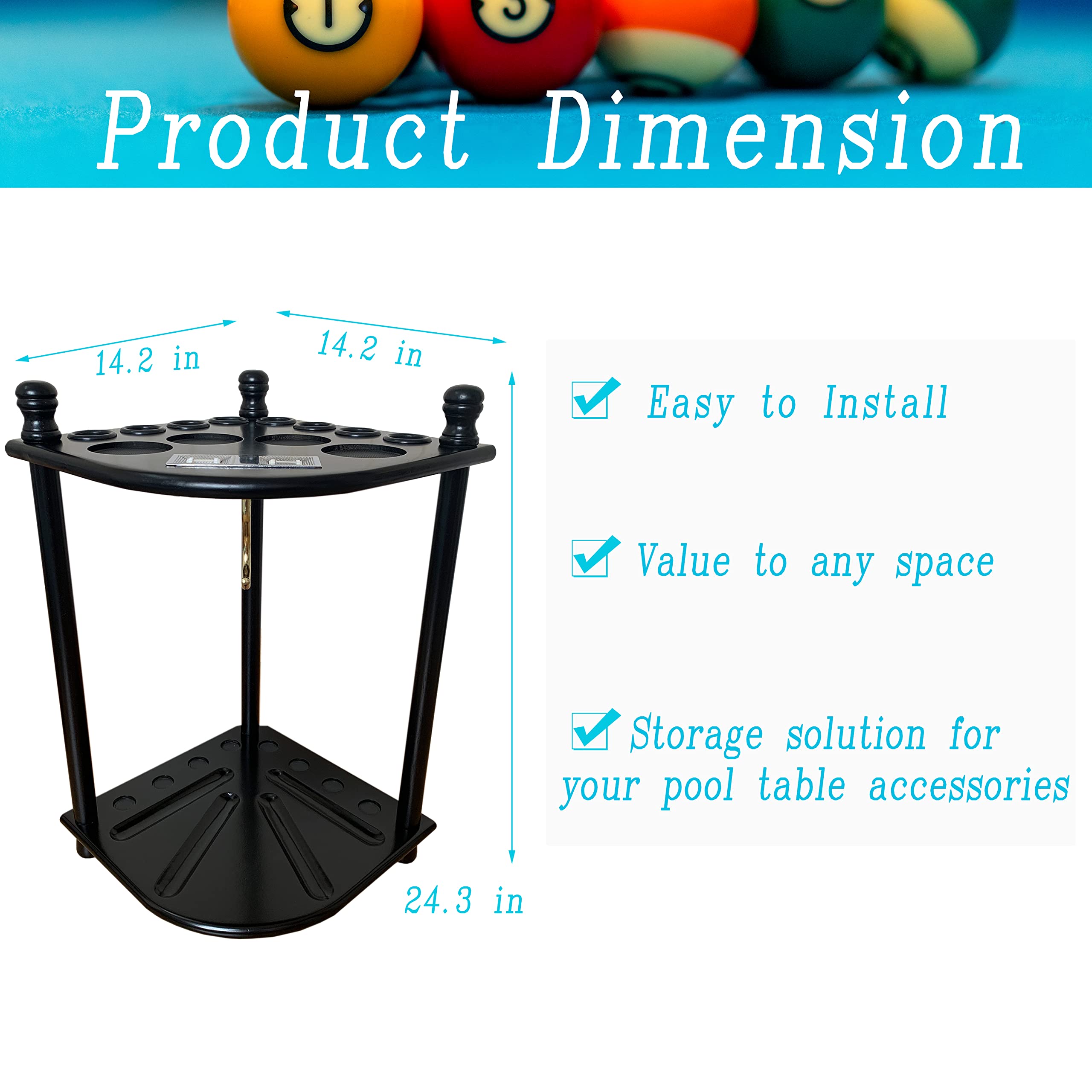 GACCO BILLIARDS Floor Standing Pool Cue Rack Hold 8 Cue Sticks & Pool Table Accessories, Wooden Pool Stick Holder, Corner Pool Cue Holder with Ball Rack Hook & Scorers (Black-Scorer)