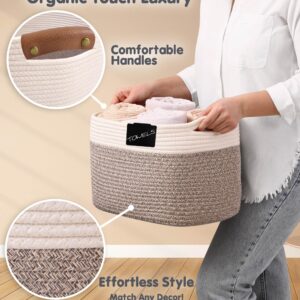 Cotton Rope Baskets for Organizing – Storage Baskets for Shelves | 15"x10"x9" | Rope Basket for Storage, Small Laundry Baskets, Woven Baskets for Storage, Dog Toy Bin, Baby Basket, Creamy White &Brown