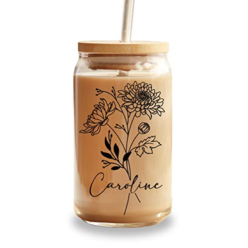 Personalized Name Birth Flower Glass Cup Custom Ice Coffee Bridesmaid Gift Her Friend Birthday Mother's Day Bachelorette Party Aesthetic Boho Floral Beer Can Tumbler Bamboo Lid Straw