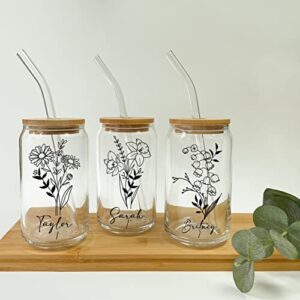 Personalized Name Birth Flower Glass Cup Custom Ice Coffee Bridesmaid Gift Her Friend Birthday Mother's Day Bachelorette Party Aesthetic Boho Floral Beer Can Tumbler Bamboo Lid Straw