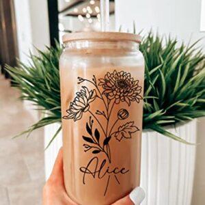 Personalized Name Birth Flower Glass Cup Custom Ice Coffee Bridesmaid Gift Her Friend Birthday Mother's Day Bachelorette Party Aesthetic Boho Floral Beer Can Tumbler Bamboo Lid Straw