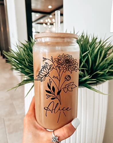 Personalized Name Birth Flower Glass Cup Custom Ice Coffee Bridesmaid Gift Her Friend Birthday Mother's Day Bachelorette Party Aesthetic Boho Floral Beer Can Tumbler Bamboo Lid Straw