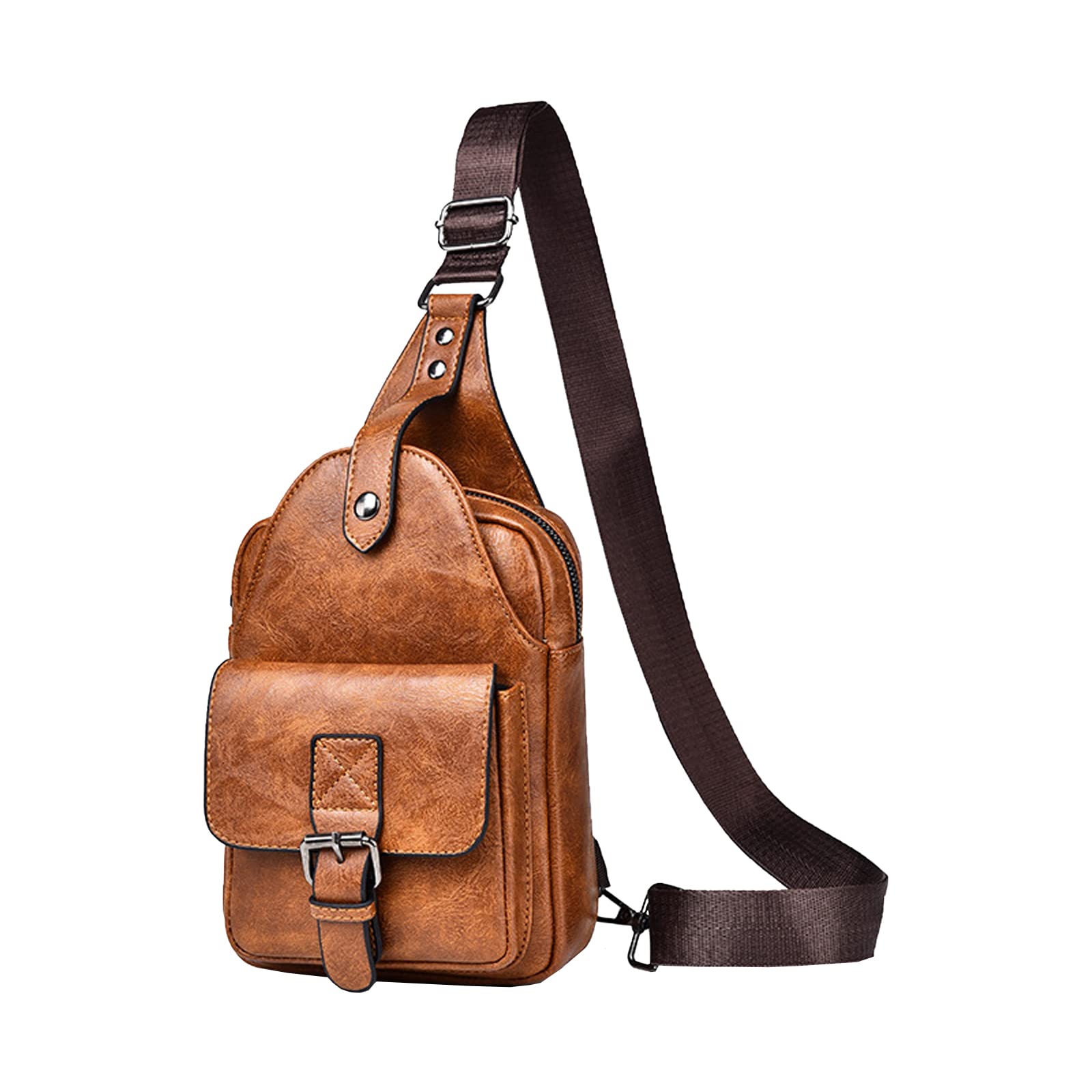 CUICANSHANG Small Men's Crossbody Bag, Men's Chest Bag, Retro PU Leather Shoulder Crossbody Bag, Hiking And Leisure Cycling Travel Backpack (Light Brown)