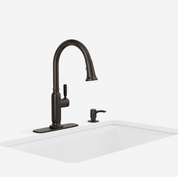 KOHLER Ealing K-R28703-SD-BL Single Handle Pull-Down Kitchen Faucet with Soap/Lotion Dispenser and Deck Plate Matte Black