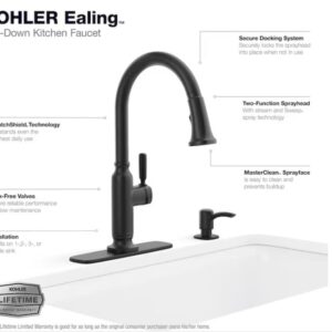 KOHLER Ealing K-R28703-SD-BL Single Handle Pull-Down Kitchen Faucet with Soap/Lotion Dispenser and Deck Plate Matte Black