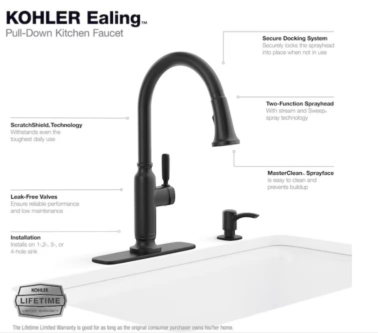 KOHLER Ealing K-R28703-SD-BL Single Handle Pull-Down Kitchen Faucet with Soap/Lotion Dispenser and Deck Plate Matte Black